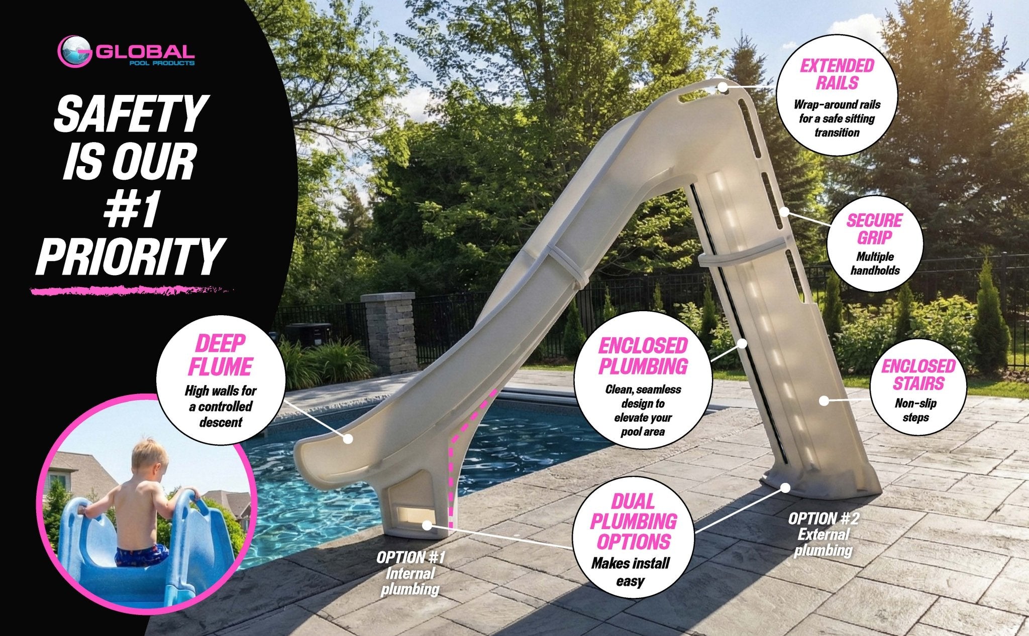 Global BAD AXE X7 Pool Slide, 7'4" H, Blue Quartz, GPPS-BA-X7 — Vita ...